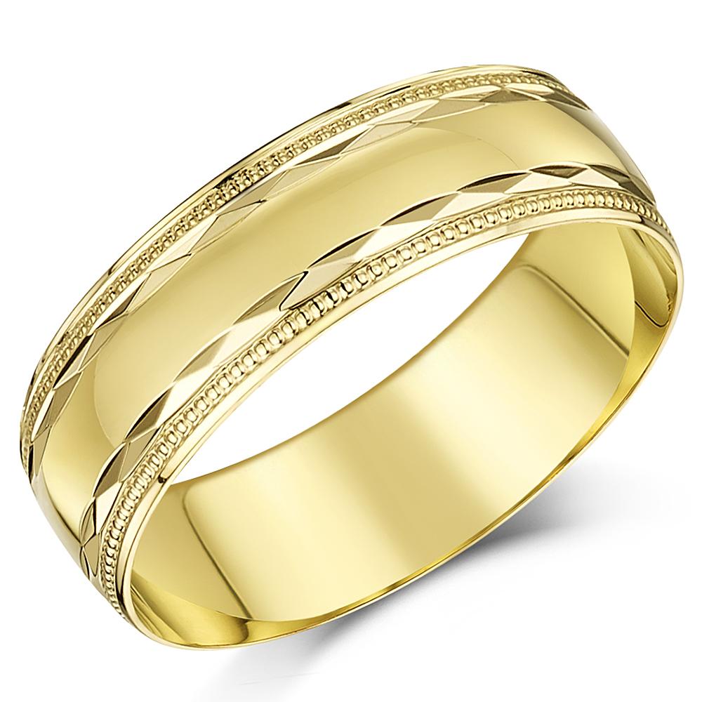 9ct Yellow Gold Ring Bead Diamond Cut Edge Light D Shaped Wedding Band ...